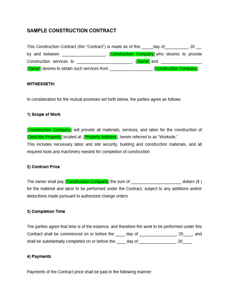 Construction Contract Template | PDF | Business Law | Business