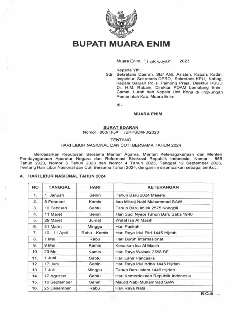 Surat Edaran Bupati Muara Enim ttg Libur Nasional dan Cuti Bersama 2024 ... Surat Edaran Bupati Muara Enim ttg Libur Nasional dan Cuti Bersama 2024 ...