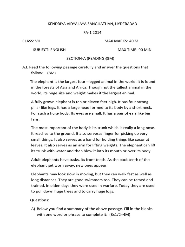 Cbse Sample Paper For Class 7 FA 3 With Solution | PDF | Elephant