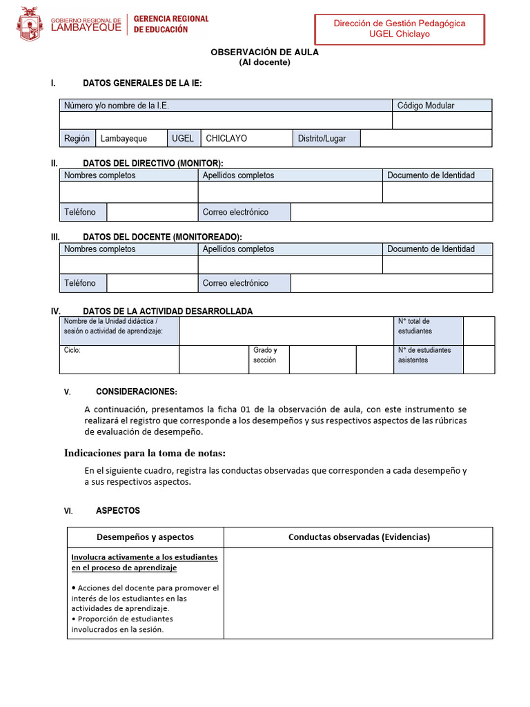 FICHA 01_ OBSERVACIÓN DE AULA-(GRED)-2024 (1) | PDF | Comportamiento | Aprendizaje