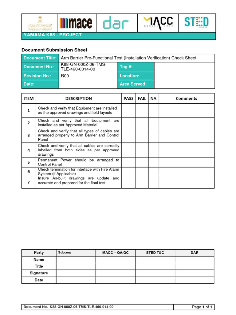 T&C - 1 Arm Barrier Pre-Functional Test (Installation Verification ...