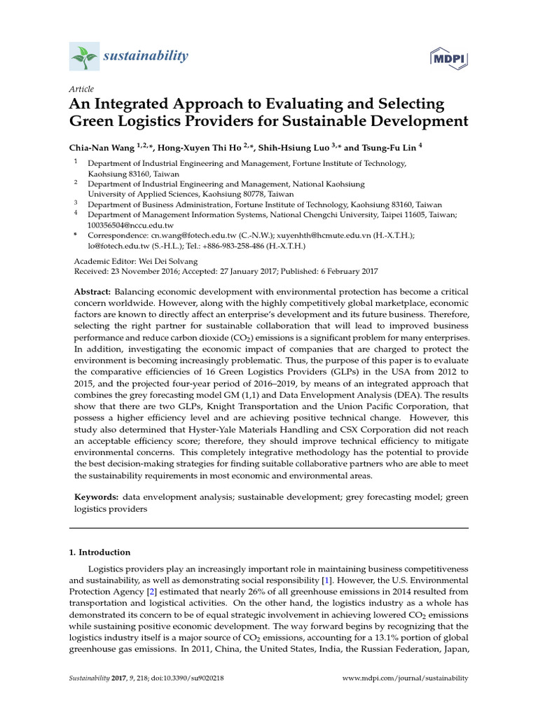 An Integrated Approach To Evaluating and Selecting Green Logistics Providers For Sustainable ...