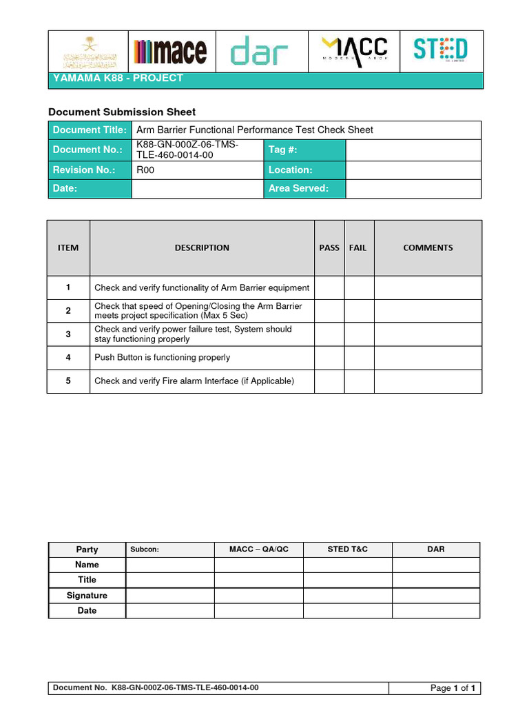T&C - 2 Arm Barrier Functional Performance Test Check Sheet | PDF ...