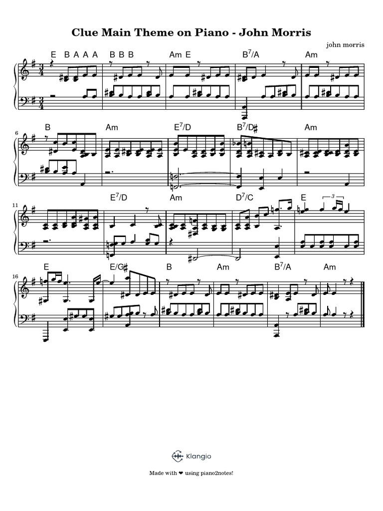 Clue Main Theme On Piano - John Morris | PDF
