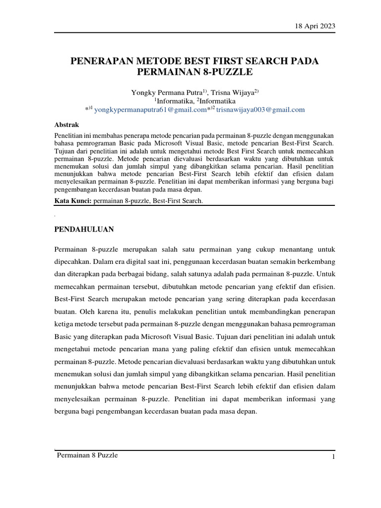 MAKALAH PENERAPAN METODE BEST FIRST SEARCH PADA PERMAINAN 8-PUZZLE (21312066 Yongky Permana ...