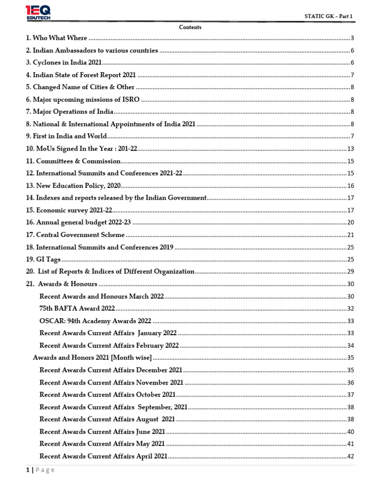 Static GK Overview 2021-22 | PDF