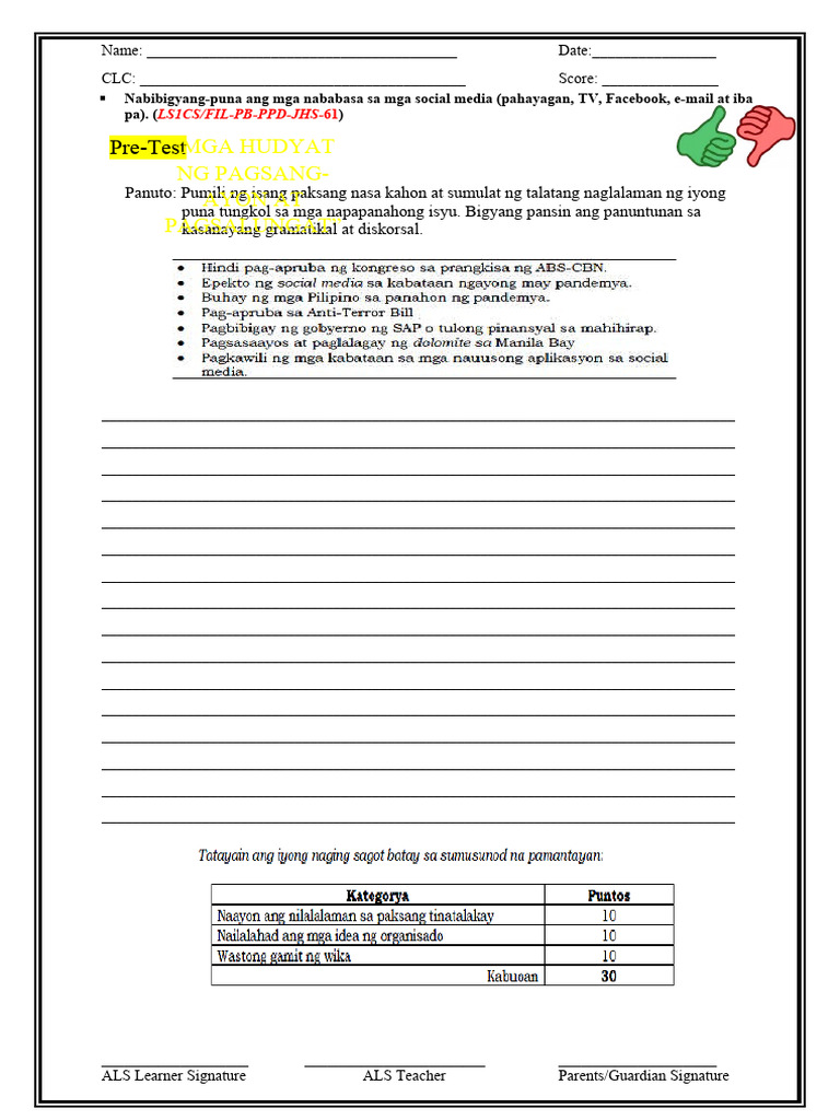 Ls1 Fil. Worksheets-jhs (Mga Hudyat Ng Pagsang-Ayon at Pagsalungat) (1 ...
