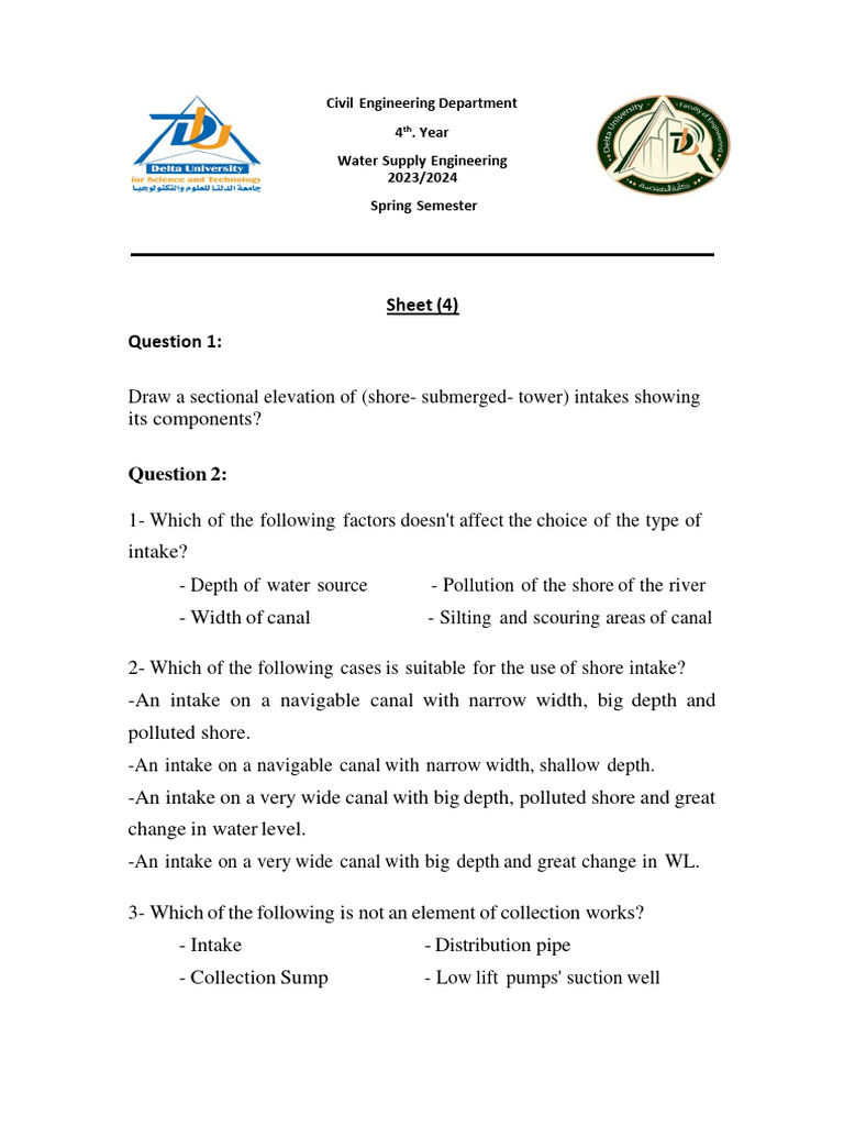 Water Supply Eng Sheet 4 Dr. Ehab Spring 2023 2024 PDF | PDF | Pump | Water
