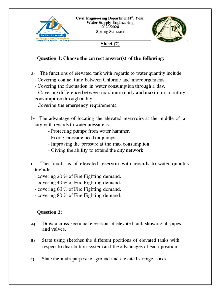 Water Supply Eng Sheet 7 Dr. Ehab Spring 2023 2024 PDF | PDF | Water Supply | Water