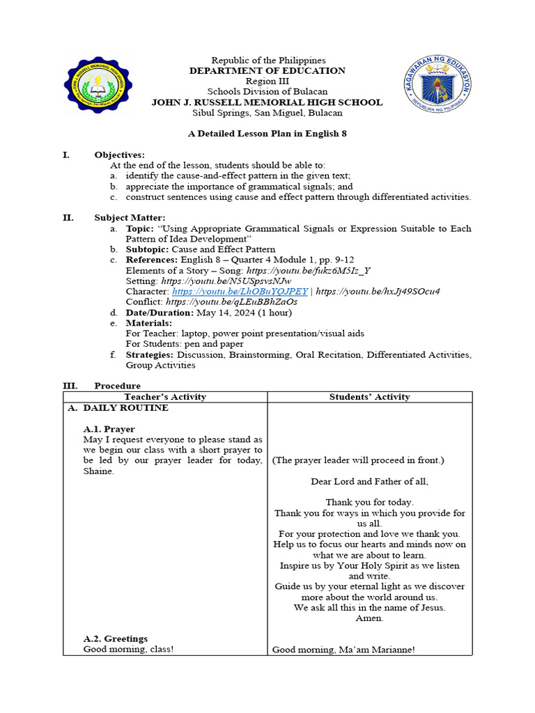 DLP for Final Teaching Demonstration (1) | PDF | Prayer | Behavior Modification
