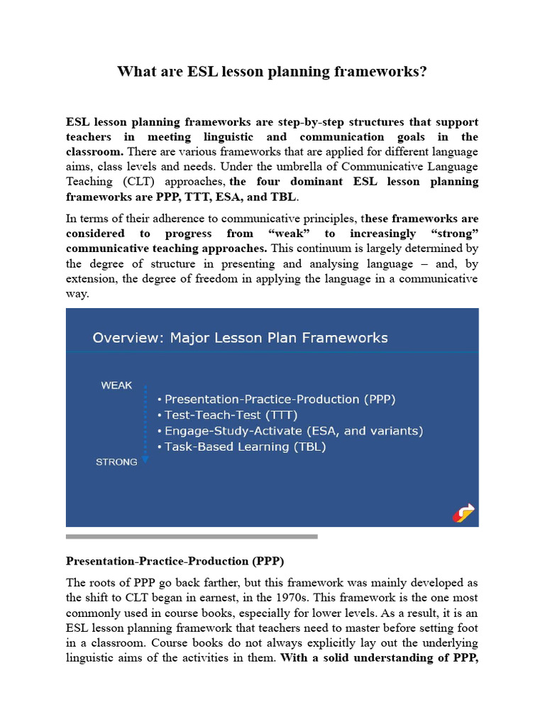 What Are ESL Lesson Planning Frameworks | PDF | English As A Second Or ...
