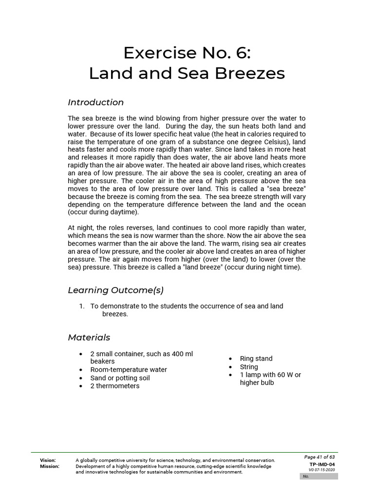 Laboratory Exercise 6 - Land and Sea Breezes | PDF | Sea | Physical Geography