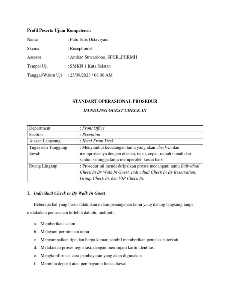 SOP Check in - Putu Ellis Octaviyani | PDF