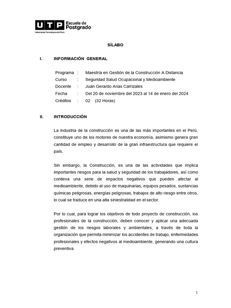 Silabo 2C - Seguridad Salud Ocupacional y Medioambiente | PDF ...