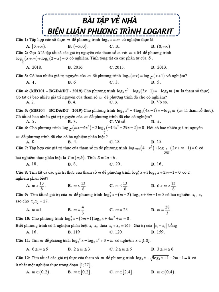 BTVN - Biện luận phương trình Logarit | PDF