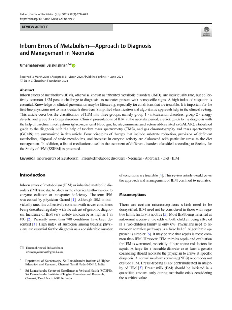Inborn Errors of Metabolism - Approach To Diagnosis and Management in ...