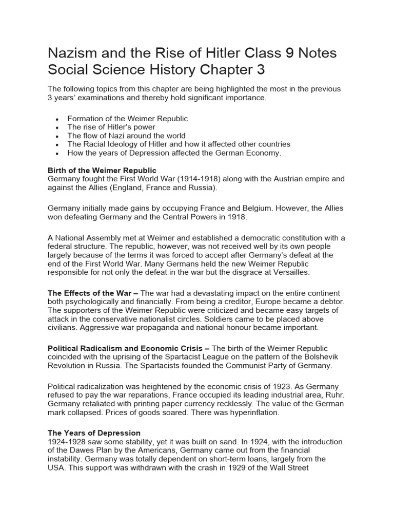 Nazism and The Rise of Hitler Class 9 Notes Social Science History ...