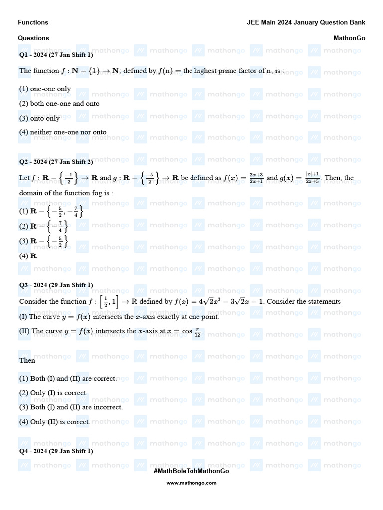 Functions - JEE Main 2024 January Question Bank - MathonGo | PDF | Mathematics