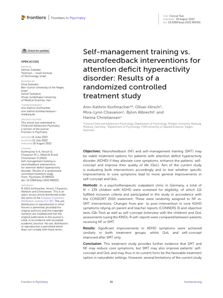 Self-Management Training vs. Neurofeedback Interventions For Attention Deficit Hyperactivity ...