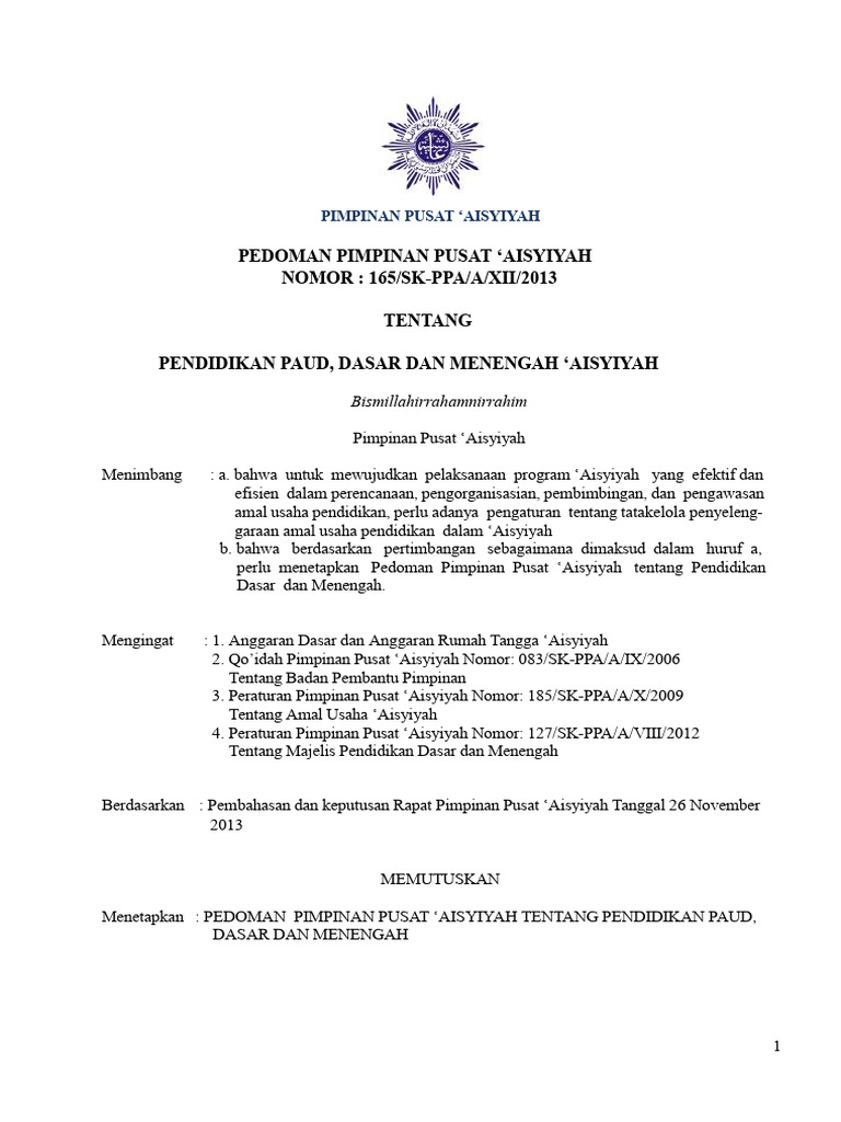 165-SK PEDOMAN PENDIDIKAN PAUD, DASAR DAN MENENGAH 'AISYIYAH - Final - Ok | PDF