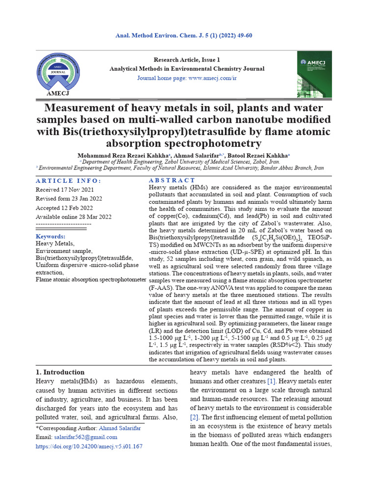 Measurement of Heavy Metals in Soil Plants and Wat | PDF | Ph | Lead
