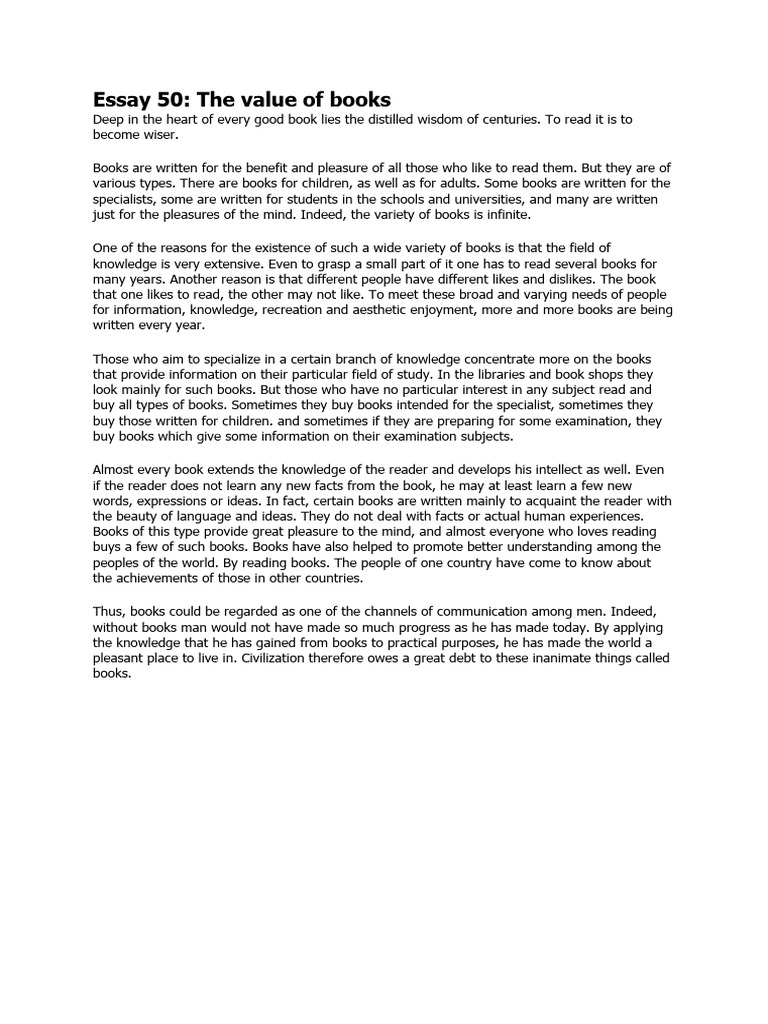 Essay 50: The Value of Books | Download Free PDF | Knowledge | Pleasure