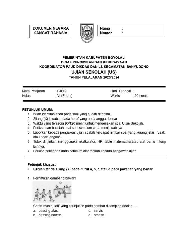Rev Soal Ujian Sekolah Kelas 6 Tahun 2024 | PDF | Olahraga & Rekreasi