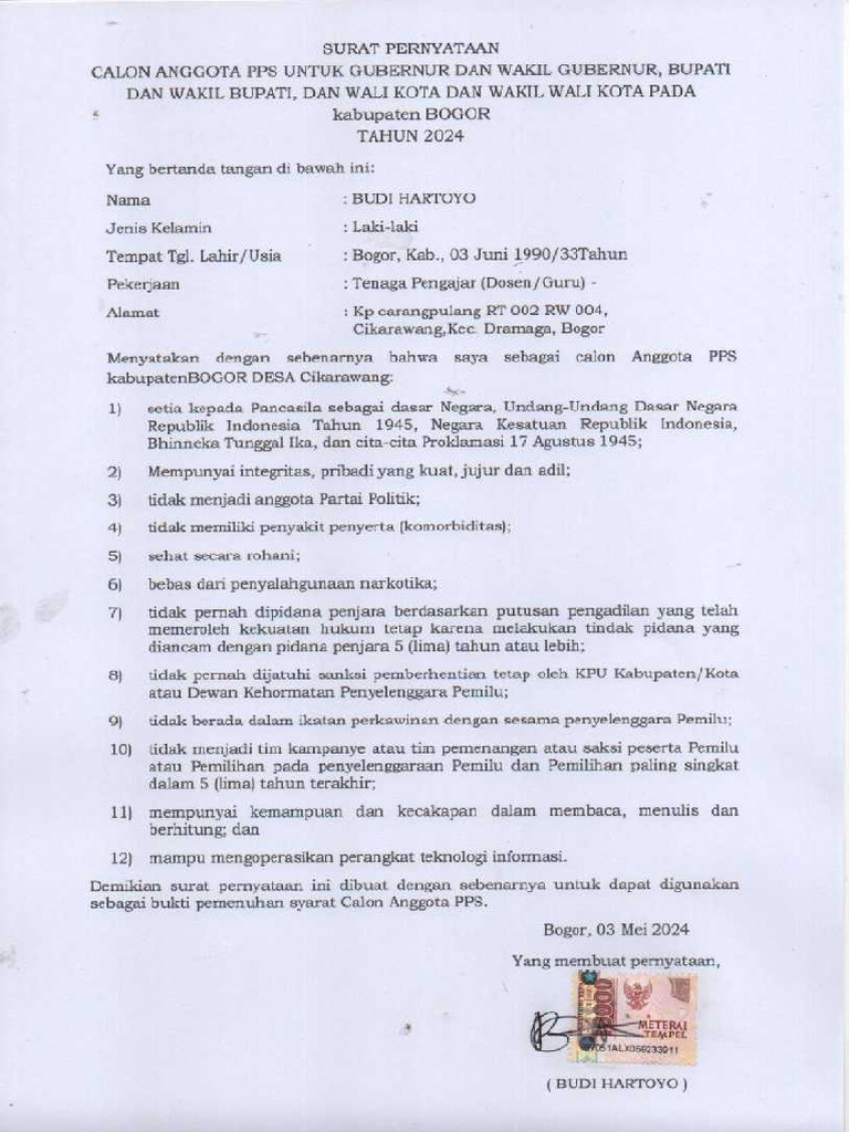 Surat Pernyataan Budi Pps | PDF