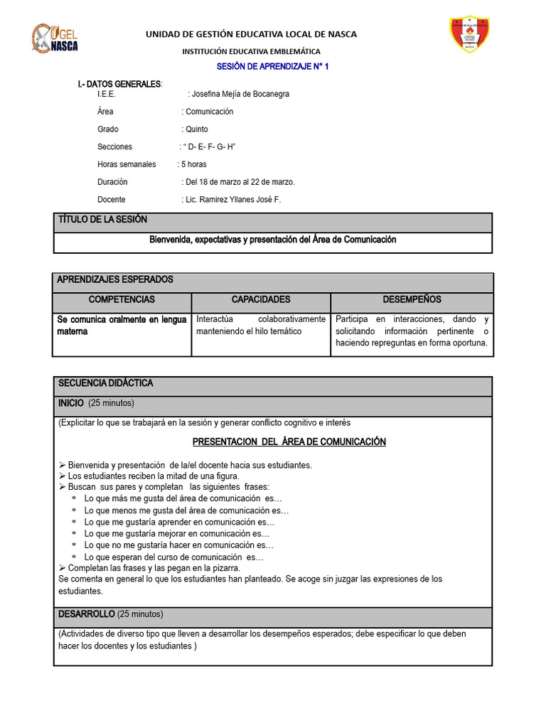 Sesión de Aprendizaje N1 | Descargar gratis PDF | Aprendizaje | Ciencia cognitiva