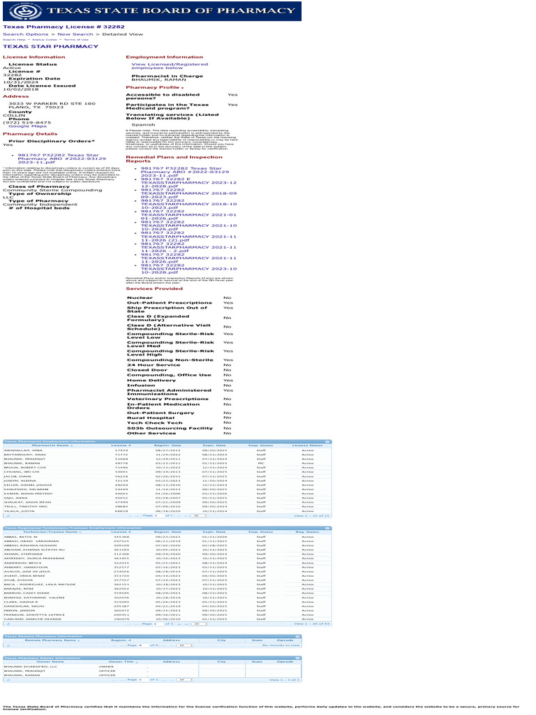 Texas Star Pharmacy, Texas Pharmacy License # 32282 | PDF | Pharmaceutical Sciences | Health Care