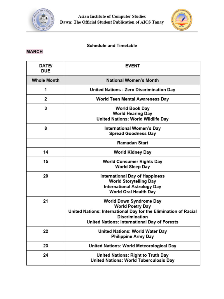 Feb - Dawn - Schedule and Timetable | PDF
