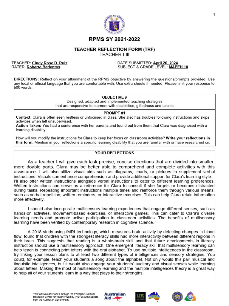 Appendix 4A Teacher Reflection Form For T I III For RPMS RUIZ | PDF ...