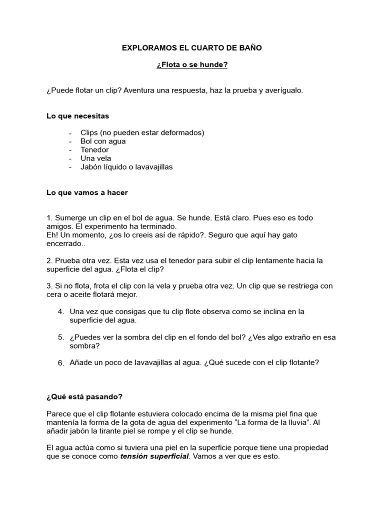 Experimento: ¿Flota o se hunde un clip? | PDF | Agua | Propiedades del agua