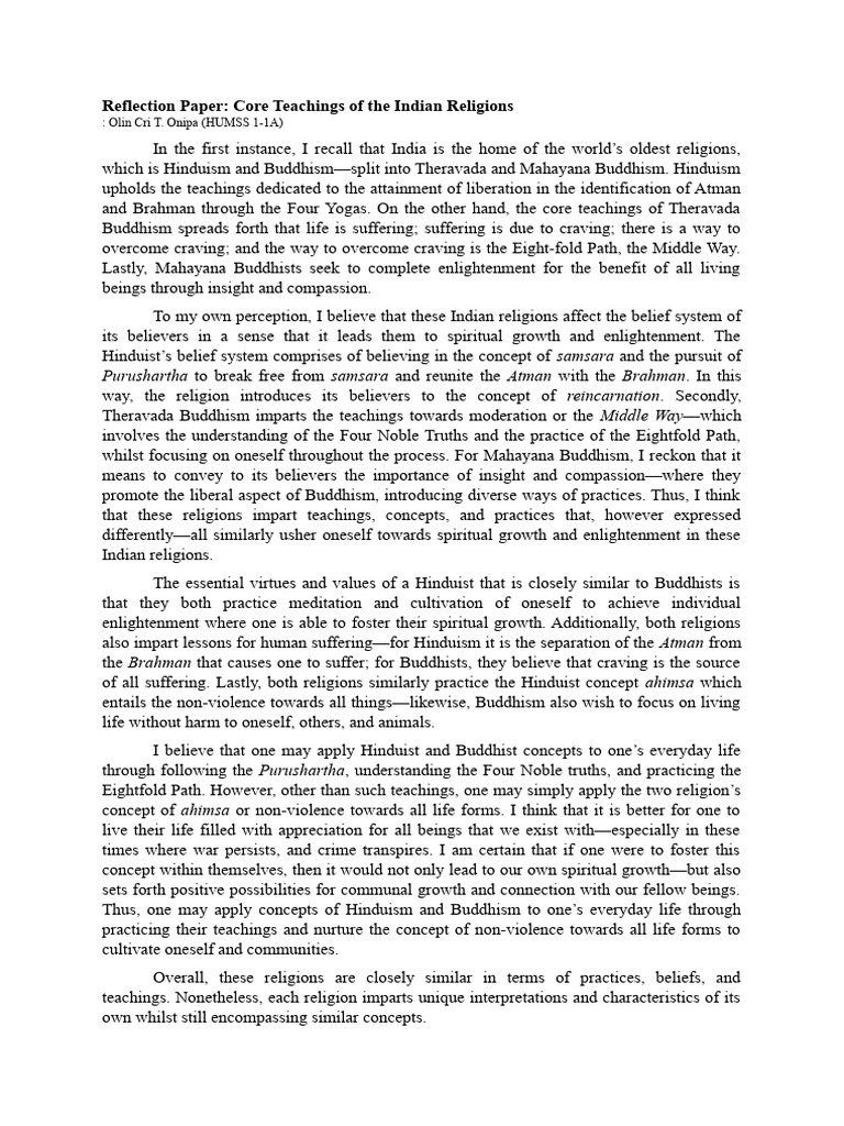 (Religion (IIW4) ) Reflection Paper Core Teachings of The Indian ...