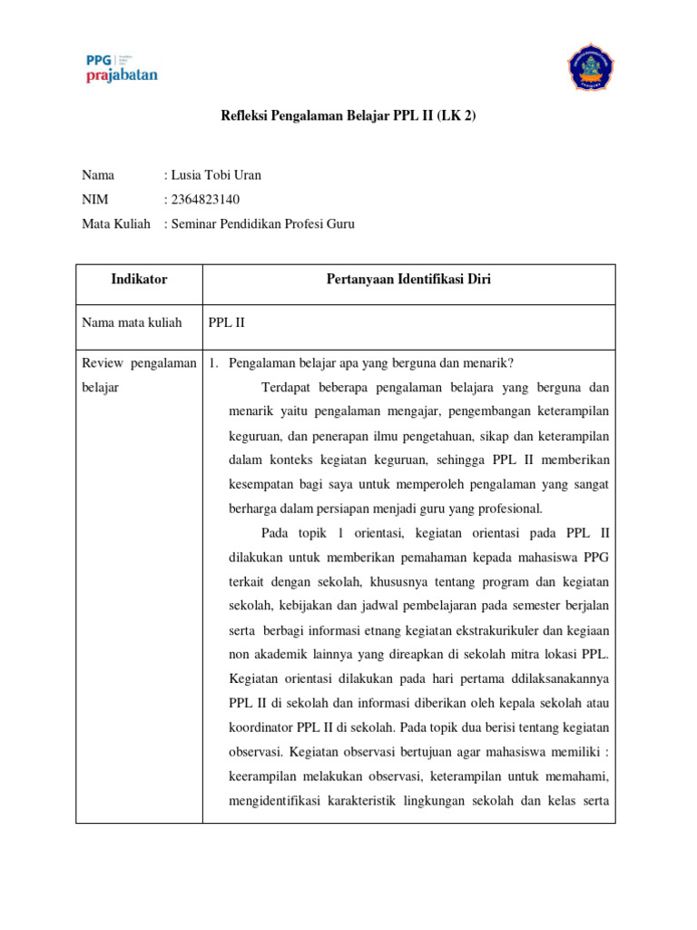 Jurnal Refleksi Pengalaman Belajar PPL II - Lusia Tobi Uran - Seminar ...