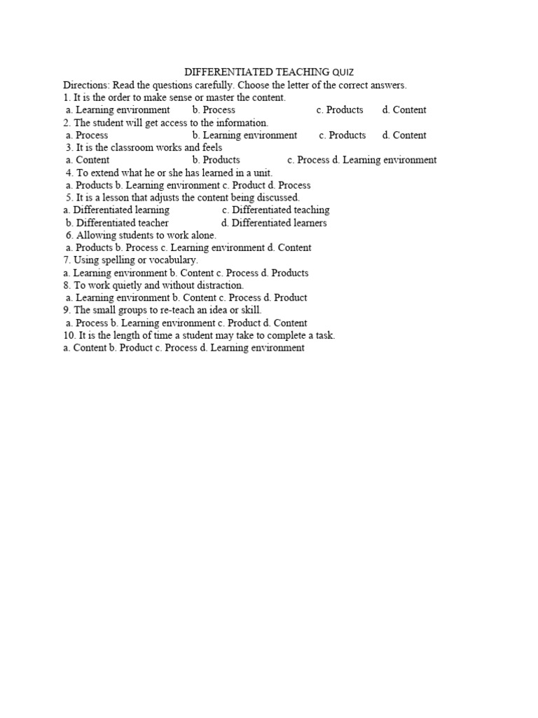 13.differentiated Teaching Quiz | PDF | Career & Growth