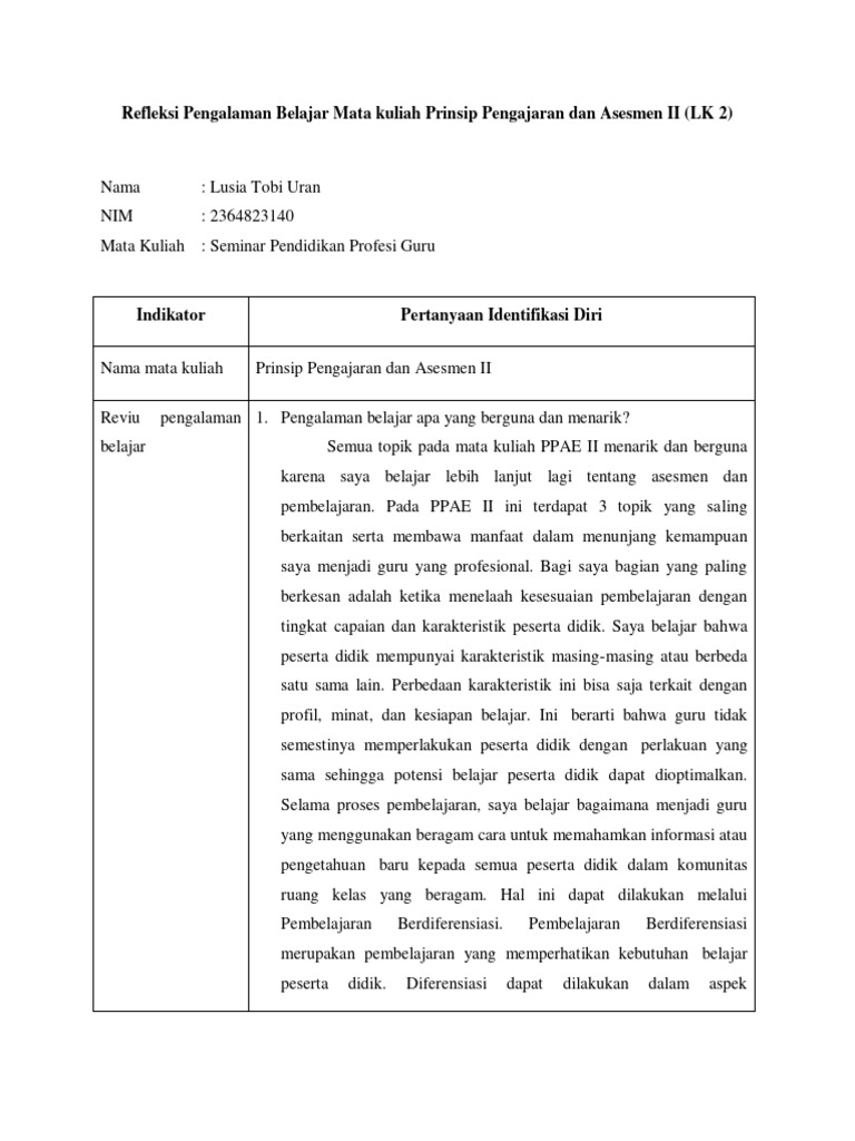 Jurnal Refleksi Pengalaman Belajar Mata Kuliah Prinsip Pengajaran Dan ... Jurnal Refleksi Pengalaman Belajar Mata Kuliah Prinsip Pengajaran Dan ...