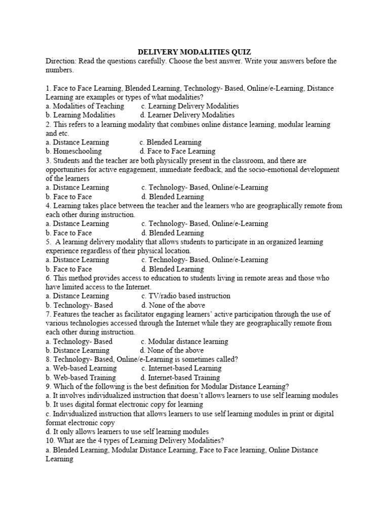 9.delivery Modalities - QUIZ | PDF | Distance Education | Educational ...