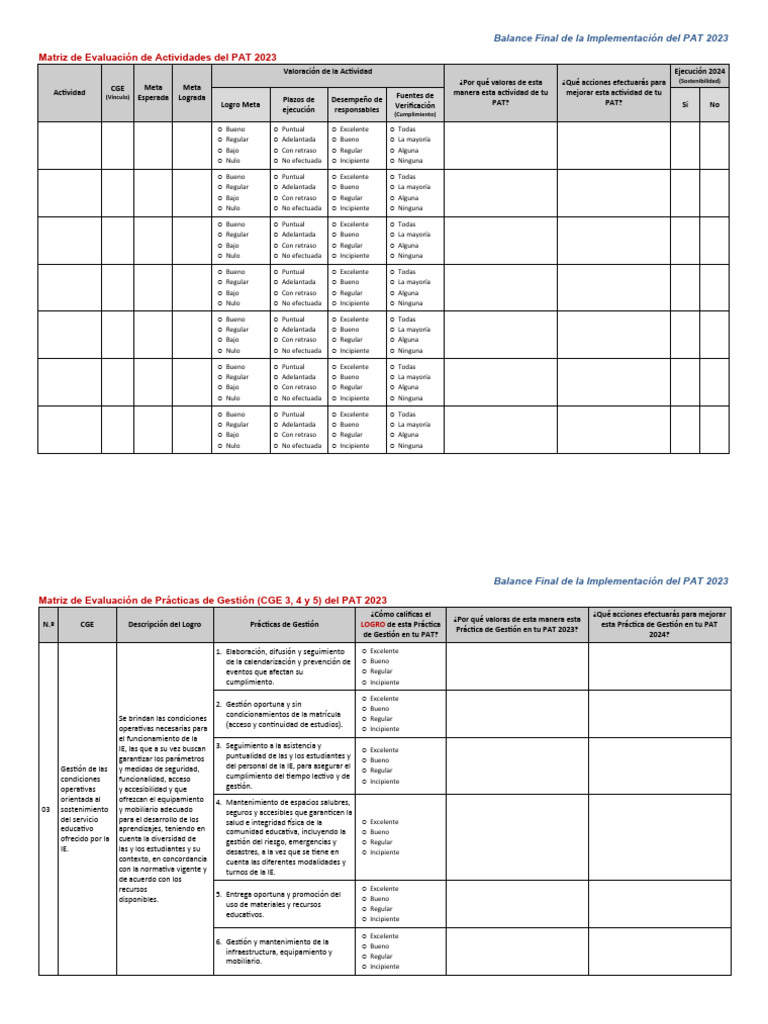 Matriz de Evaluación y Balance Final de La Implementación Del PAT | PDF ...