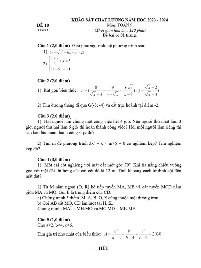 KSCL Toán 9. Đề 10 | PDF