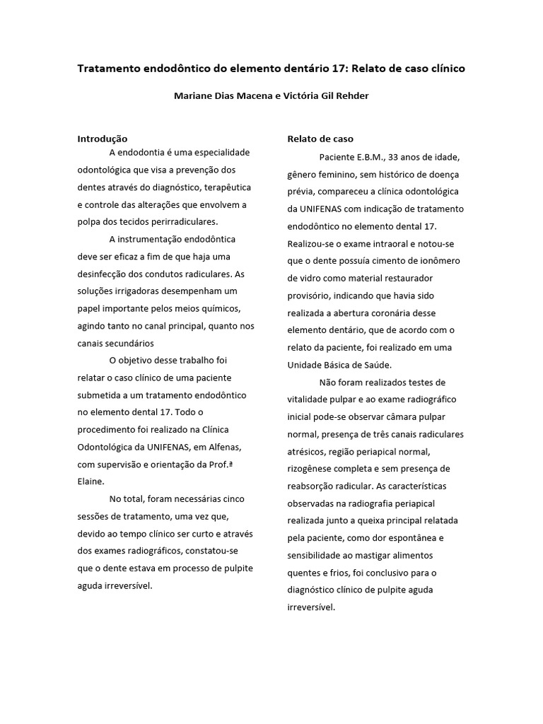 Tratamento Endodôntico do Dente 17 | PDF | Áreas da odontologia | Dente