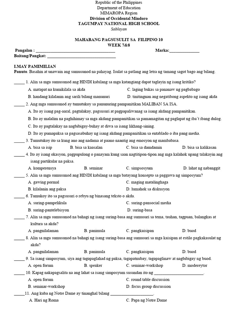 Week 7&8 Ist Summative Grade 10 | PDF