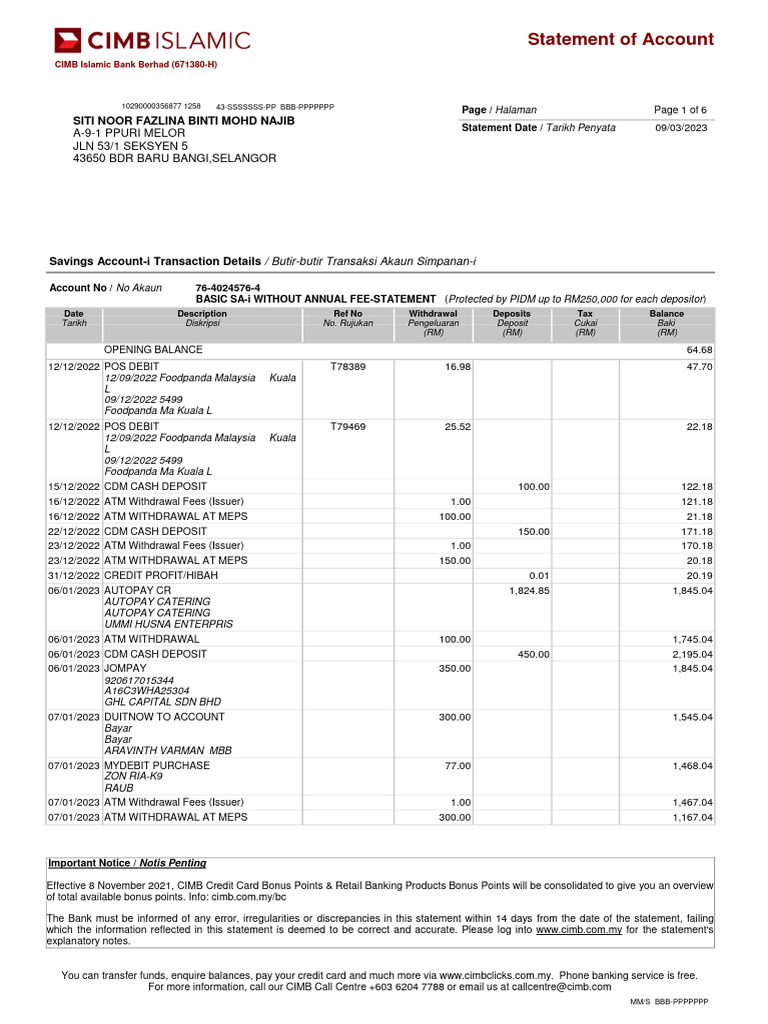 Statement of Account: A-9-1 Ppuri Melor JLN 53/1 Seksyen 5 43650 BDR Baru Bangi, Selangor | PDF ...