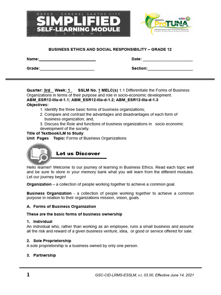 Business Ethics - WK.1 - Q3 - Sslm-Eliaga | PDF | Business | Corporations