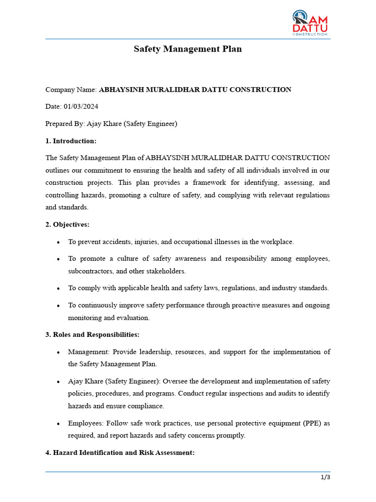 Safety Management Plan | PDF | Safety | Occupational Safety And Health