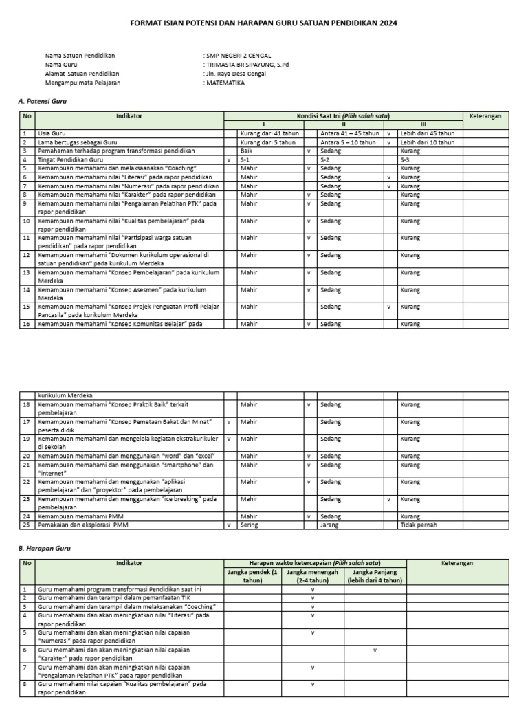Trimasta BR Sipayung Format Isian Potensi Dan Harapan Guru 2024 | PDF