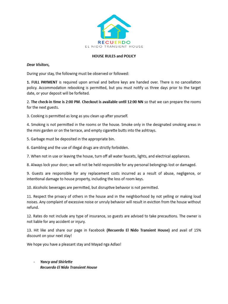 RECUERDO Transient House Rules | PDF | Home & Garden