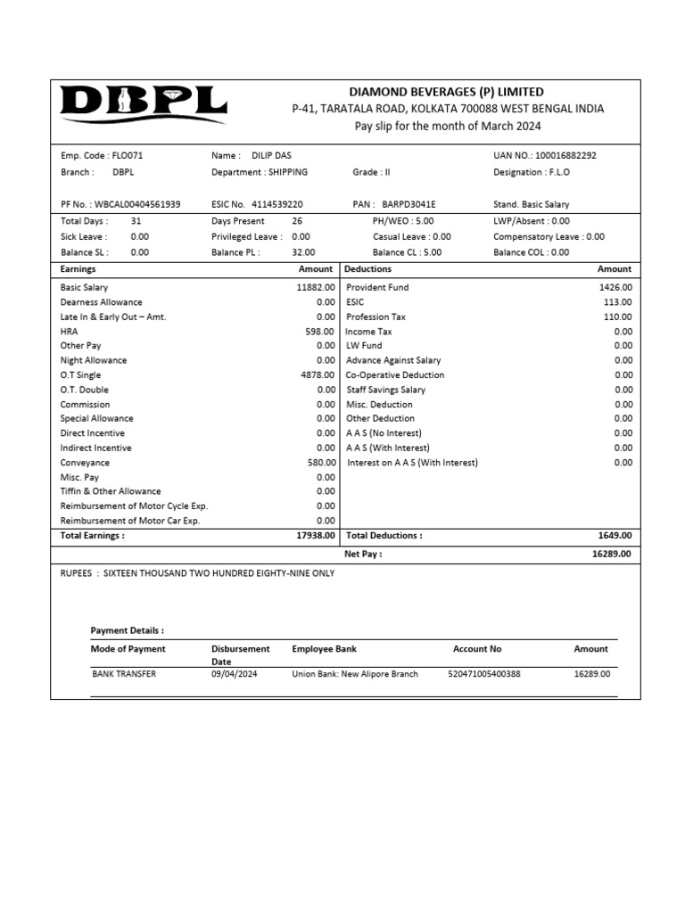 Diamond Beverages Pvt Ltd Salary Slip of Dilip Das March | PDF | Public ... Diamond Beverages Pvt Ltd Salary Slip of Dilip Das March | PDF | Public ...