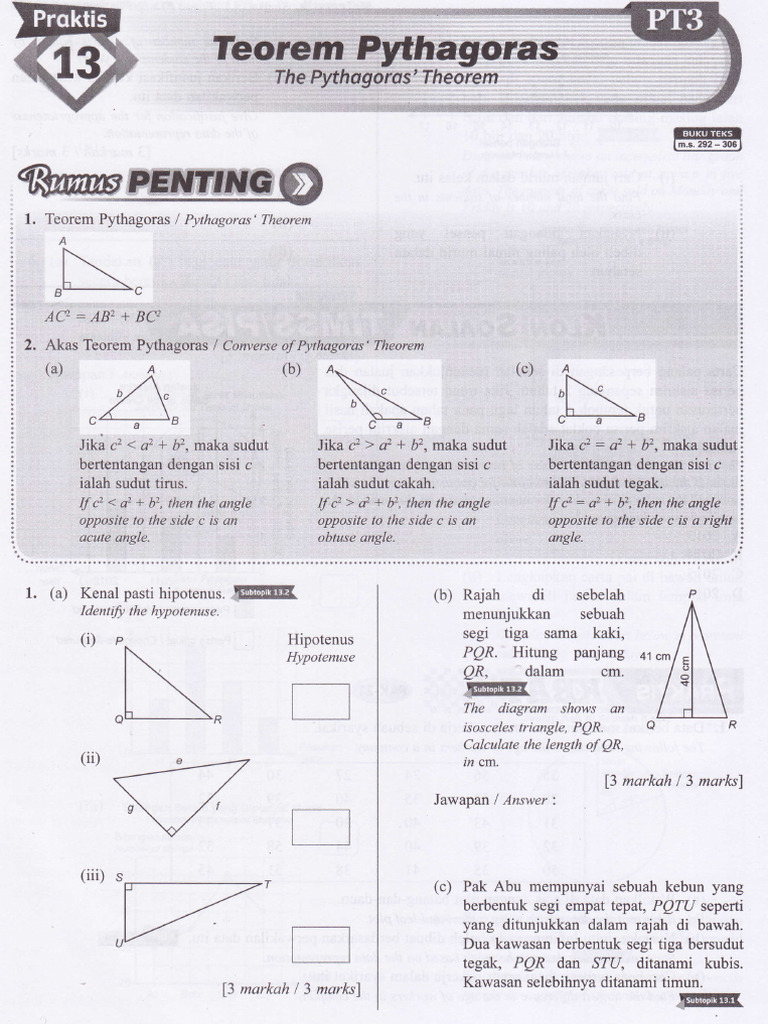 Form 1 Math The Pythagoras' Theorem | PDF