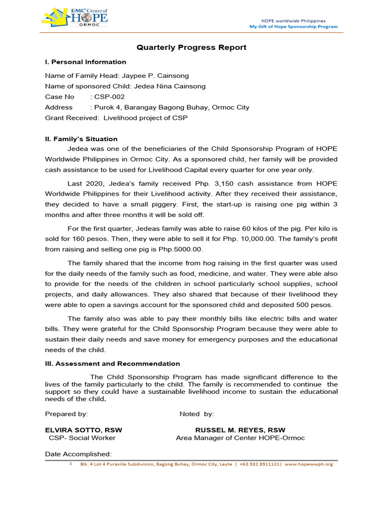 Jedea Niña R. Cainson Quarterly Progress Report Sample | PDF | Economies